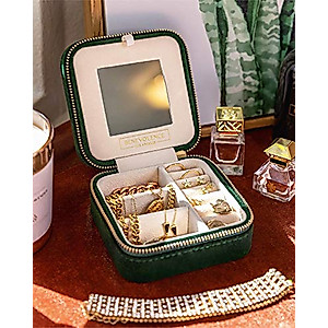 Plush Velvet Travel Jewelry Box Organizer | Travel Jewelry Case, Jewelry Travel Organizer | Small Jewelry Box for Women, Jewelry Travel Case | Earring Organizer with Mirror - Emerald Velvet