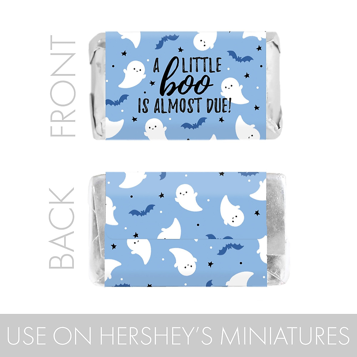 Blue A Little Boo is Almost Due Boy Baby Shower Wrappers for Mini Chocolate Bars, Halloween Baby Shower Party Favor Candy Stickers - 45 Count