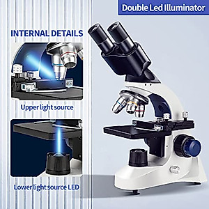 Binocular Microscope Adults 40X-1000X led Illumination Professional Compound Microscope for Kids Students Electric Eyepiece, Slides，Mobile Phone Holder…