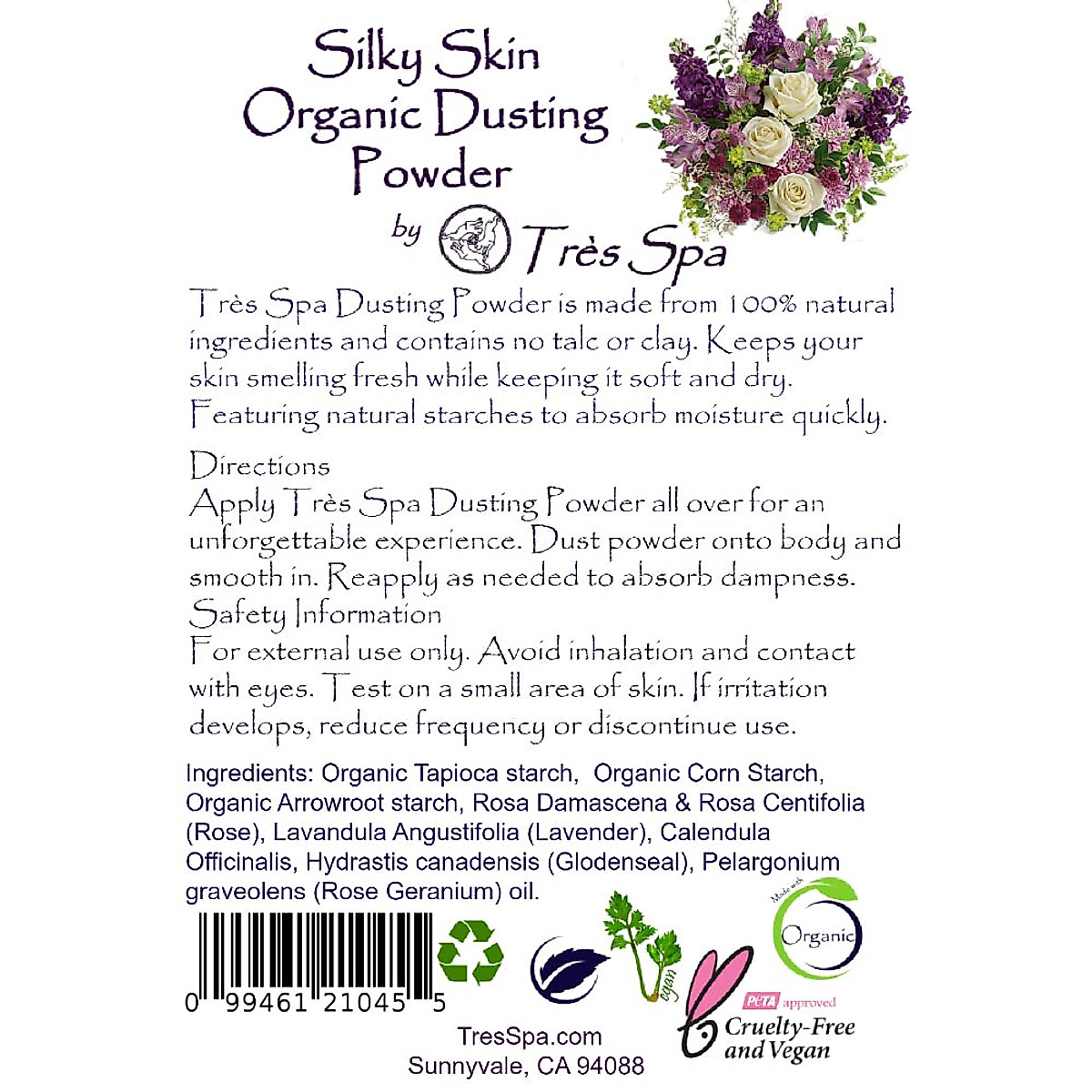 Très Spa Organic Silky Skin Dusting Powder - Pure Botanicals with Rose petals, Lavender, & Golden Seal (.5pt Bulk Bag)