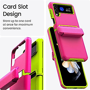 X-FOUR Compatible with Galaxy Z Flip 4 Case with [ Card Slot ] [ Hinge Protection ] for Samsung Galaxy Z Flip 4 5G Case with Card Holder Hard PC Shockproof Protective Cover - Neon Pink