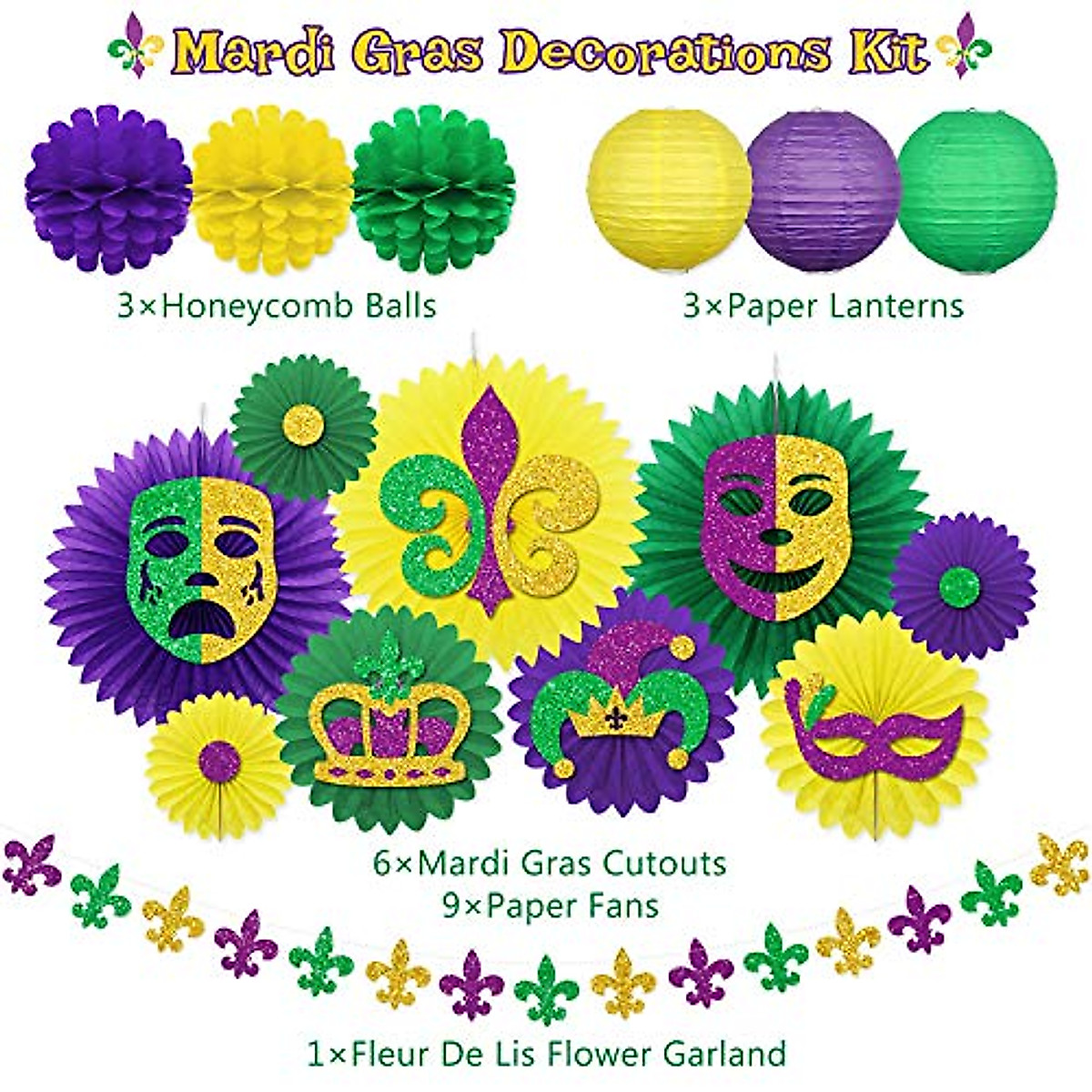 Mardi Gras Paper Fan Decoration Kit Fleur De Lis Flower Garland Green Gold Purple Glittery Cutouts Paper Honeycomb Balls Lanterns Backdrop for Mardi Gras Theme Birthday Masquerade Party Supplies New Orleans Carnival Favors