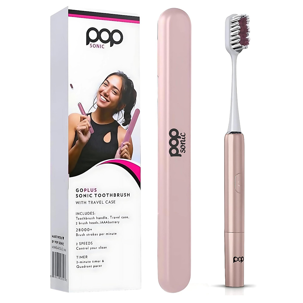 Pop Sonic Go Plus Travel Toothbrush | Travel Electric Toothbrush (Rose Gold) Toothbrush w/ 2 Speeds -18000-24000 Vibrations Per Minute - The Ultimate Traveltoobrush Set | 8+ Colors to Choose from