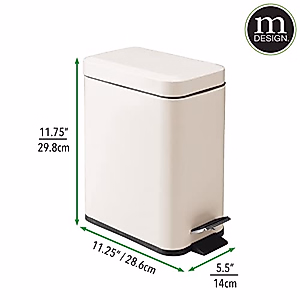 mDesign Small Modern 1.3 Gallon Rectangle Metal Lidded Step Trash Can, Compact Garbage Bin with Removable Liner Bucket and Handle for Bathroom, Kitchen, Craft Room, Office, Garage - Cream/Beige