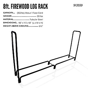 BACKYARD EXPRESSIONS PATIO · HOME · GARDEN 913559 8ft Outdoor | Heavy Duty Log Firewood Storage Rack Holder, Durable Tubular Steel, Easy Assembly, Holds (1) Face Cord of Fire Wood, Black