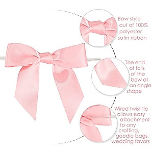 AIMUDI Baby Pink Satin Ribbon Twist Tie Bows 3.5" Light Pink Pretied Bows Premade Craft Bows for Treat Bags Cake Pop Gift Wrapping Basket Wedding Favors Cookie Candy Bagging Baby Shower - 50 Counts