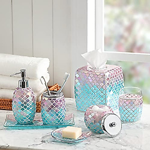 Motifeur Bathroom Accessories Set, 5-Piece Glass Bath Accessory Complete Set with Lotion Dispenser/Soap Pump, Cotton Jar, Soap Dish, Tumbler and Toothbrush Holder (Mermaid)
