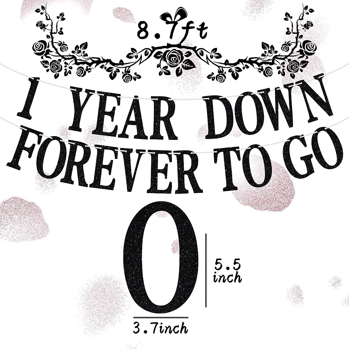 1 Year Down Forever to Go Banner, 1 Year of Marriage Gift, Happy 1st Wedding Anniversary Party Decoration Supplies, Black Glitter