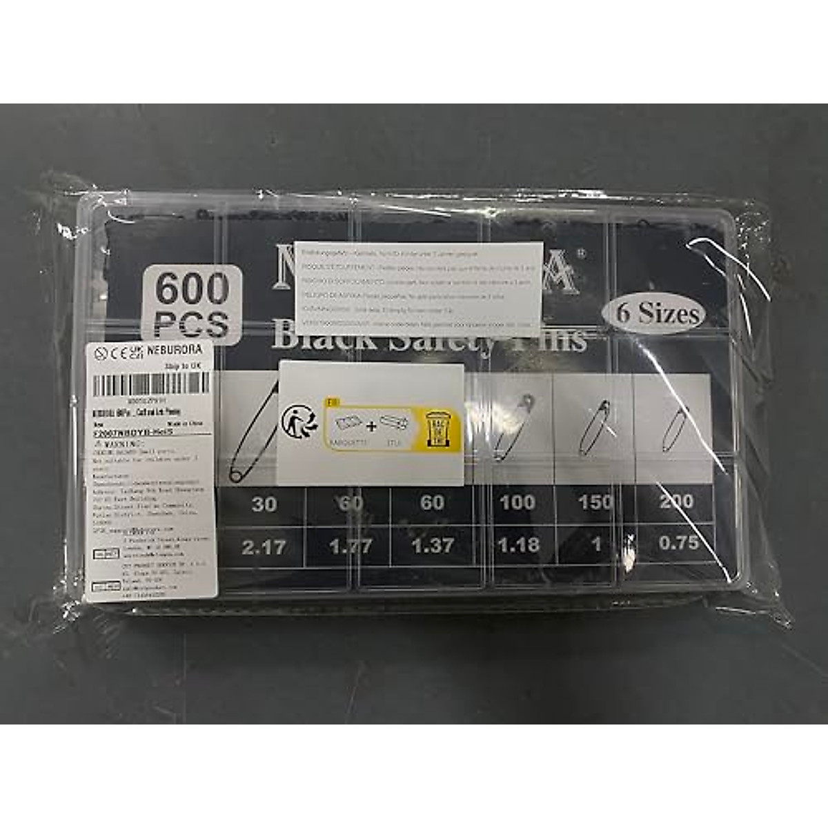 NEBURORA 600Pcs Black Safety Pin Assorted Size Safety Pin Small and Large Safety Pins for Clothes Home School Office Sewing Craft and Arts Pinning