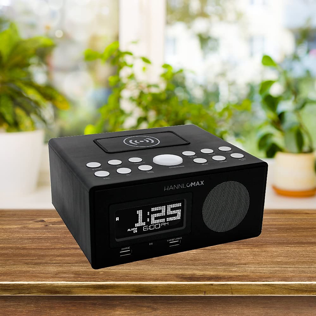 HANNLOMAX HX-202Qi Alarm Clock Radio, Wireless Charging, Bluetooth, 10W Output Power, Dual USB Ports for Charging and MP3 Playback, Temperature, Nightlight, Time Zone, Aux-in. (Black)