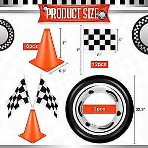 24 Pieces Race Car Party Supplies Include Traffic Cones Checkered Flag Race Flags Checkered Tablecloth Race Track Running Mat and Tire Tube Swimming Ring for Car Themed Birthday Party Decorations