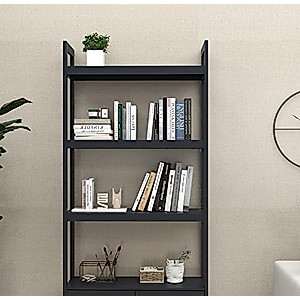 Modern Bookshelf and Bookcase, Freestanding Bookcase with 4 Tiers Open Storage Shelves Wooden Book Shelf Organizer with 2 Rattan Doors Cabinet for Living Room, Home Office, Bedroom, Washroom, Black