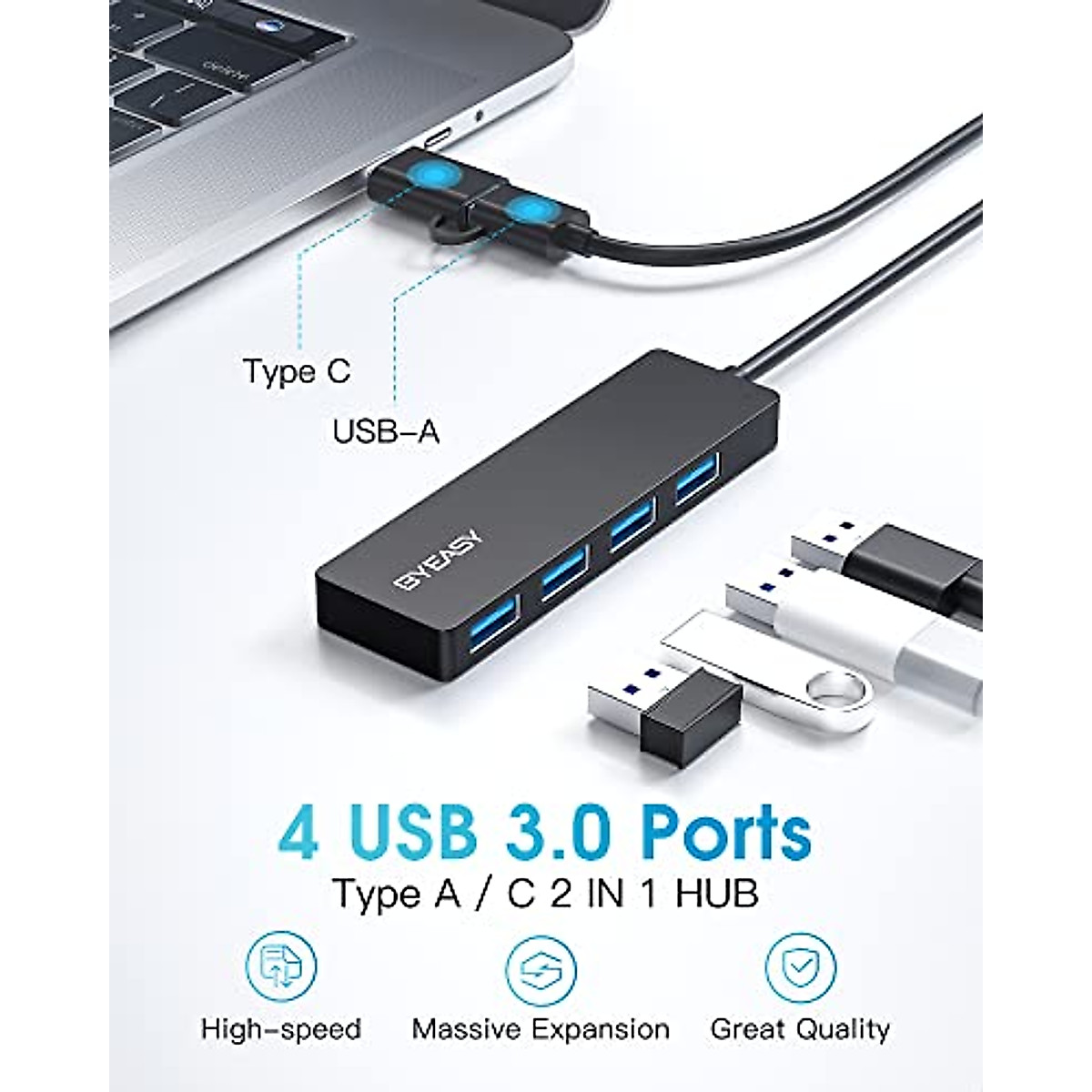 BYEASY USB Hub, USB 3.1 C to USB 3.0 Hub with 4 Ports and 2ft Extended Cable, Ultra Slim Portable USB Splitter for MacBook, Mac Pro/Mini, iMac, Ps4, PS5, Surface Pro,Flash Drive, Samsung(Black)