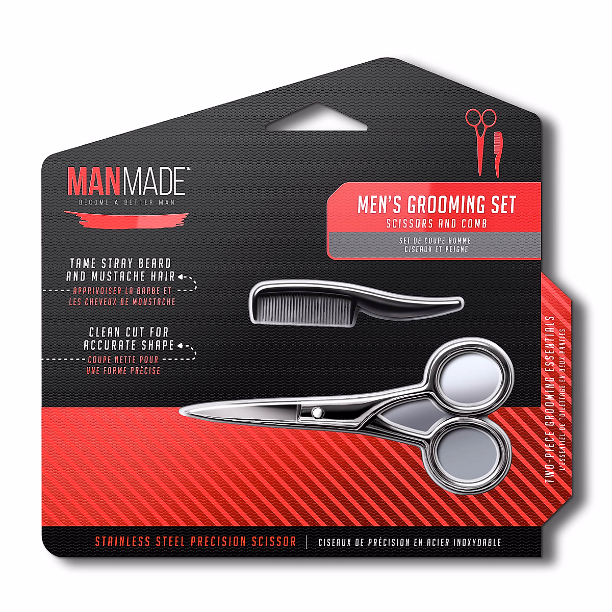 ManMade: Men's Grooming Set Mustache and Beard Scissors + Free Comb, Two-Piece Grooming Essentials, Stainless Steel Facial Hair Scissors for Men (Red)