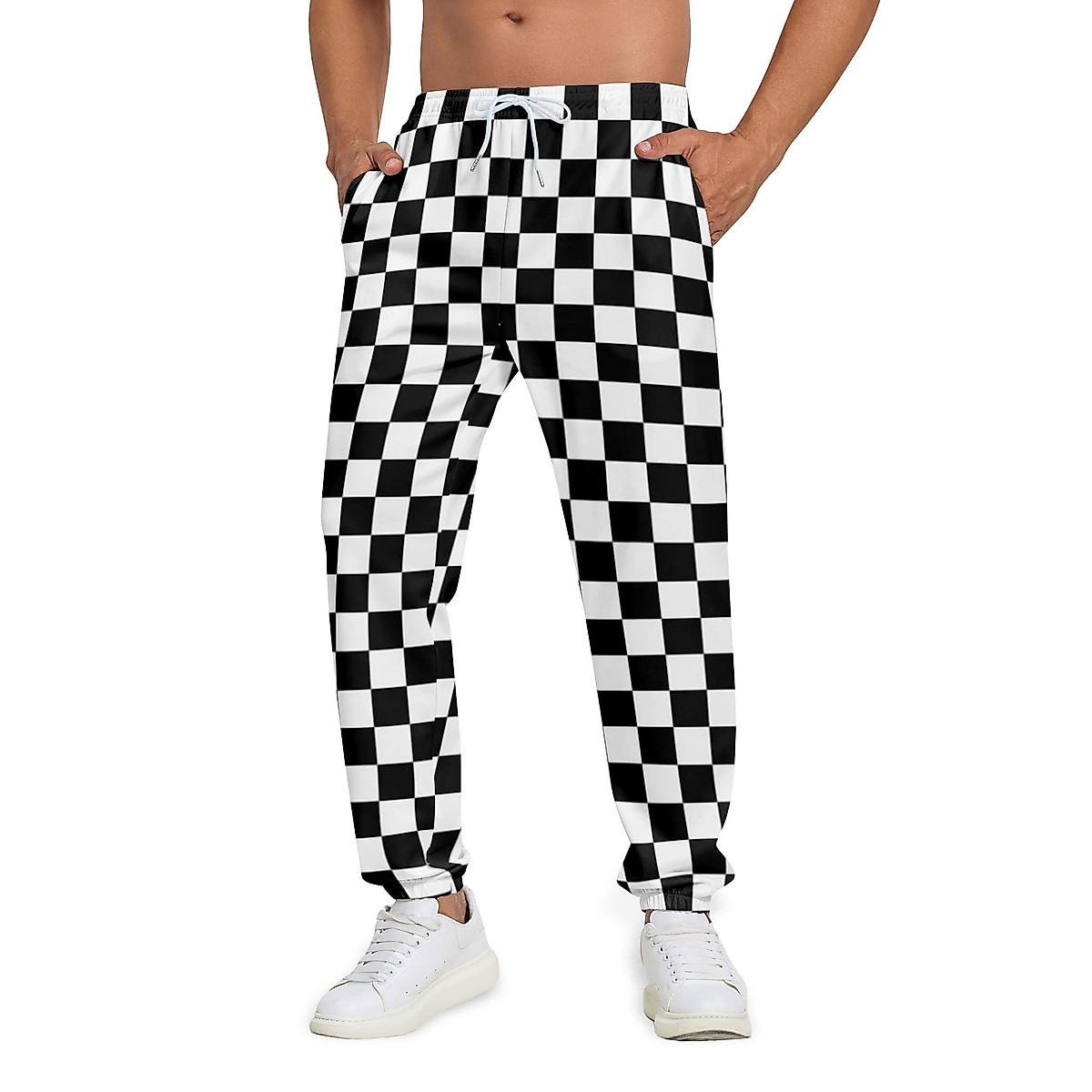 INZVKJLU Black and White Checkered Pants for Men - Sweatpants and Joggers - Plaid Gingham Style