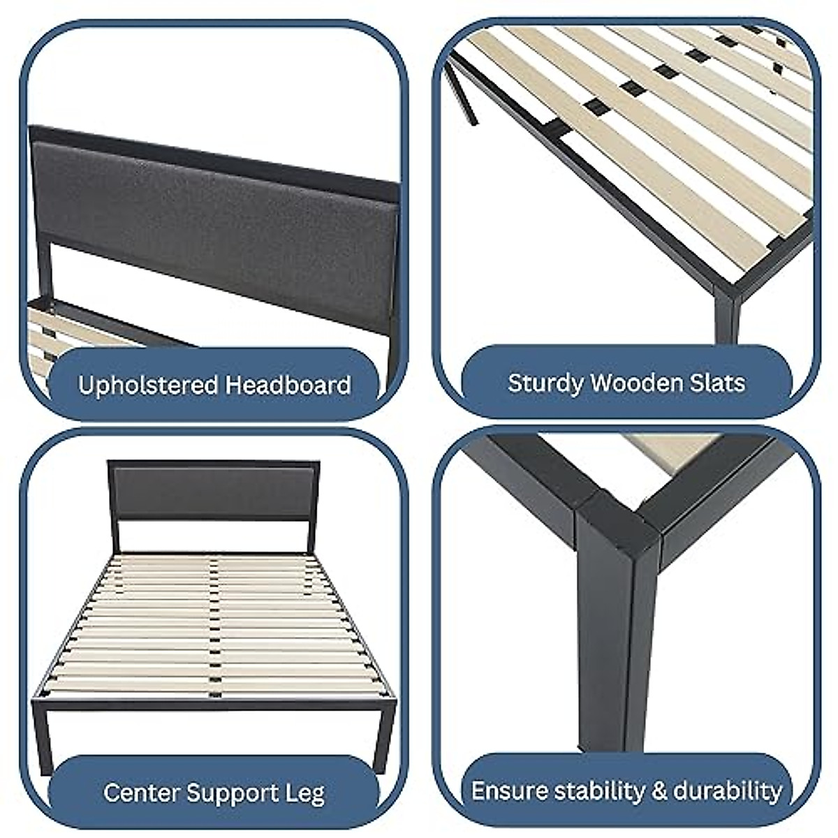 Viscologic Bed Frame, Modern Design with Upholstered Headboard, Metal Frame and Wooden Slat Support, Full