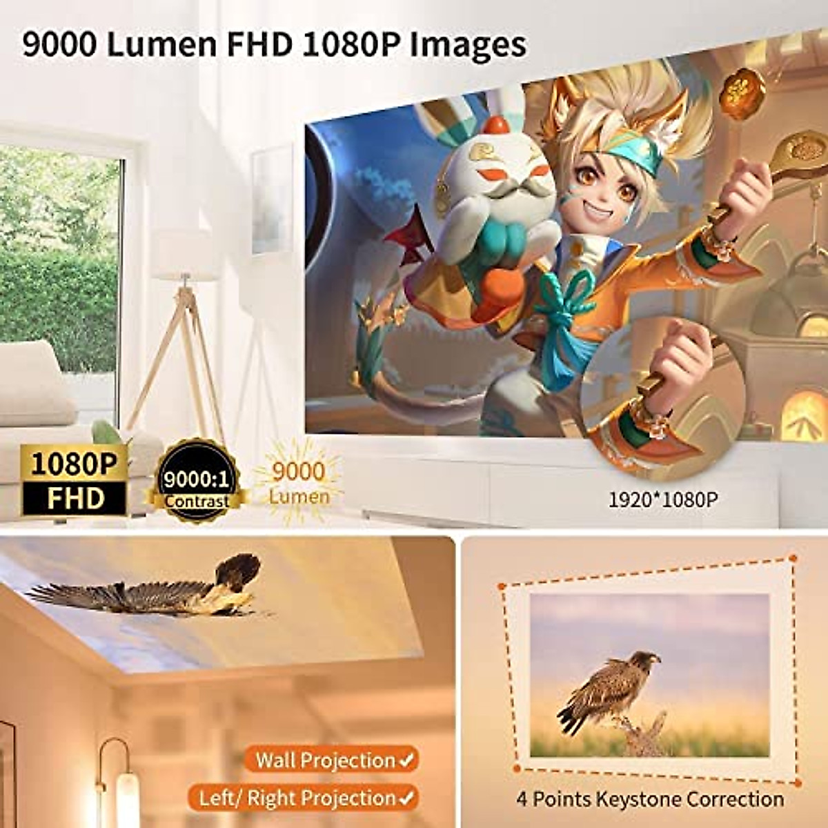 LCD Android Wireless Projector 1080p Native 9000 High Lumen, Home Theater Projector with WiFi and Bluetooth 250'' Display Outdoor Movie, Airplay for iPhone, Compatible with Fire Stick,PS5,Laptop,HDMI