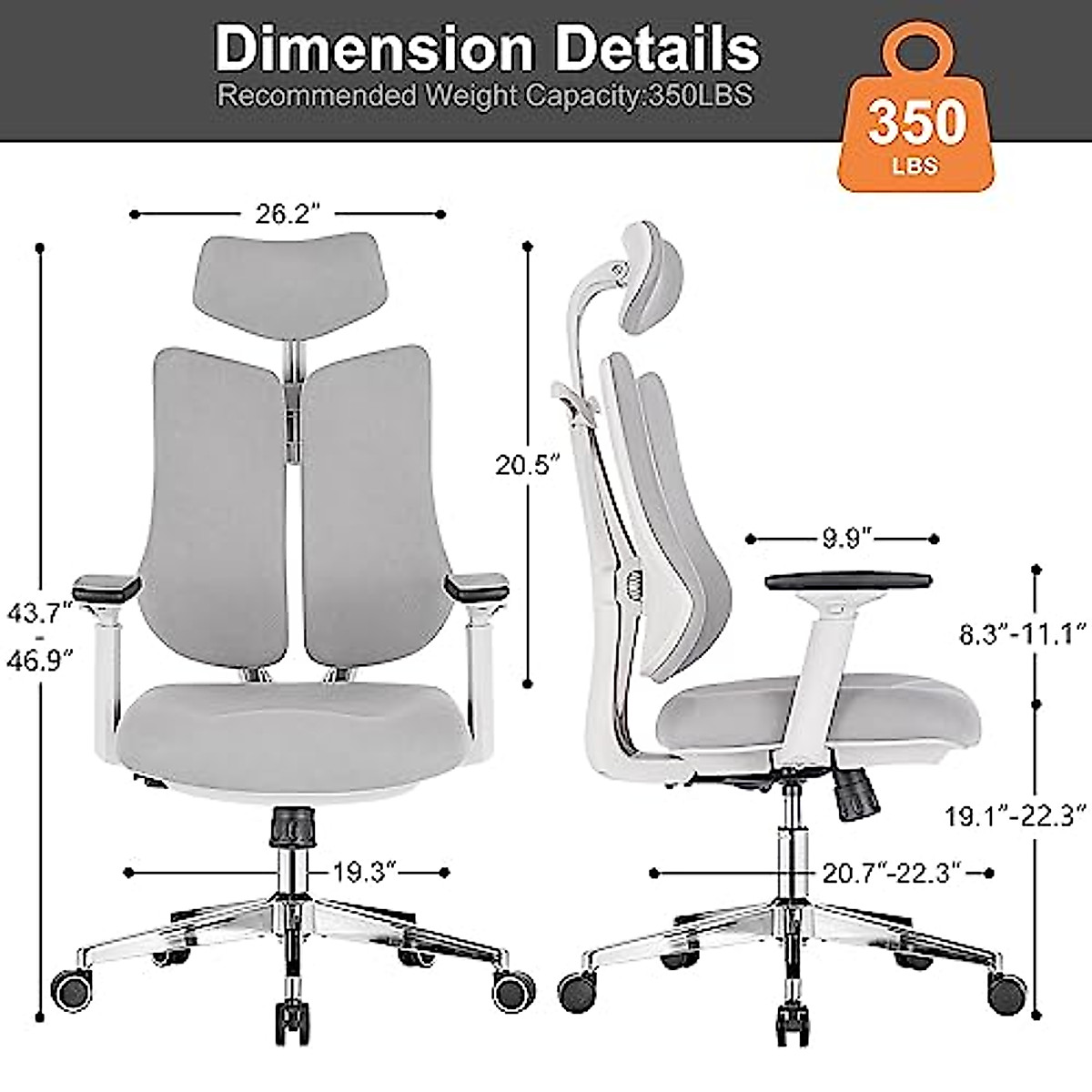 BV Dual Backrests Ergonomic Office Chair, Lumbar Support Office Desk Chair Back Support, Breathable mesh Office Chair 3D Adjustable Armrest (Grey)