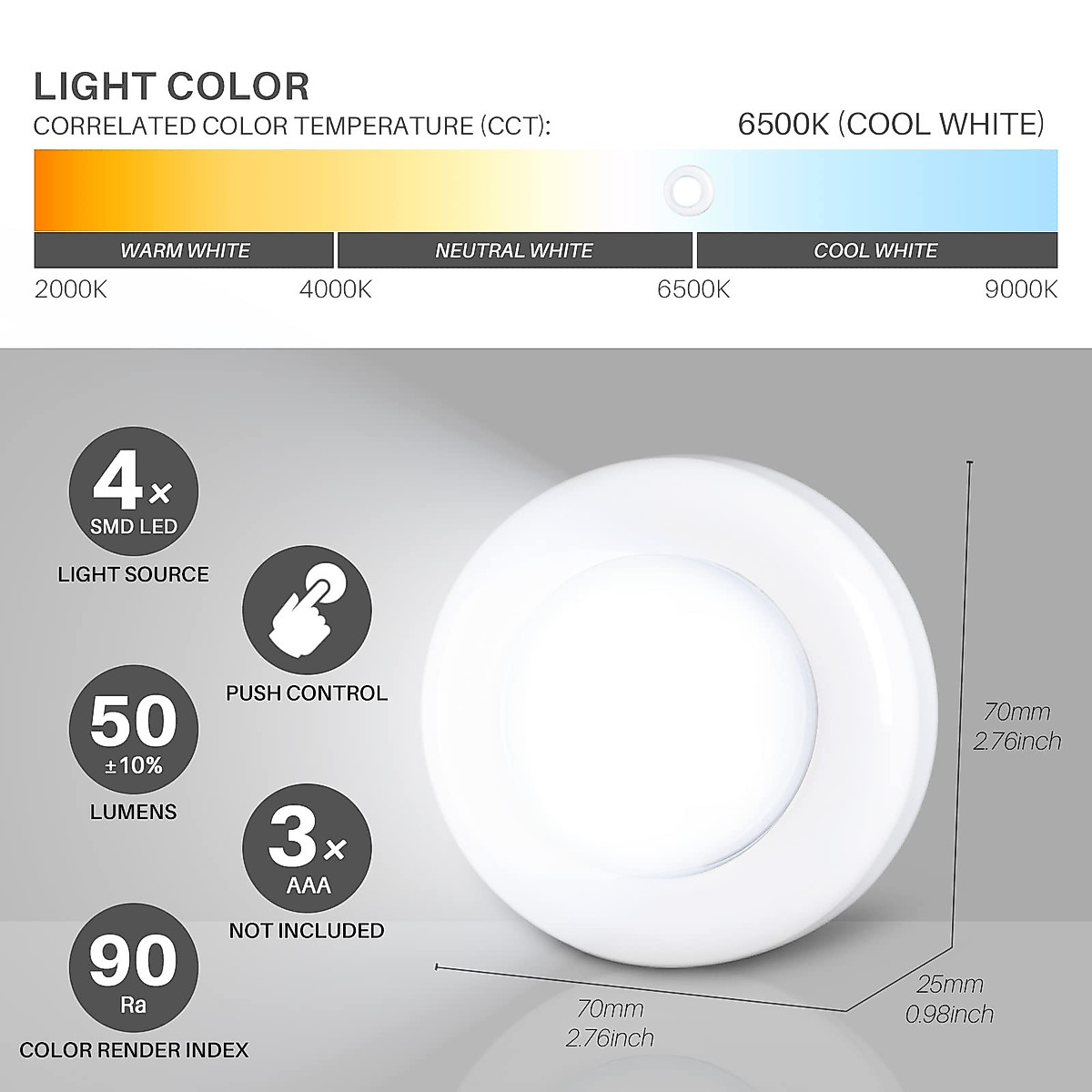 STAR-SPANGLED Push Tap Light, 2.8” Mini Night Touch LED Puck Lamp, Portable Under Cabinet Lighting AAA Battery Operated Powered, DIY Stick On Lights for Closet, Counter, Kitchen, Cool White, 5 Pack