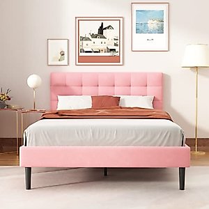 UNIZONE Queen Size Upholstered Bed Frame with Tufted Headboard, Velvet Platform Bed with Headboard, Wood Slats Support, Mattress Foundation, No Box Spring Needed, Easy Assembly, No Squeak, Pink
