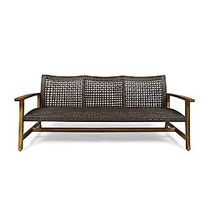 Great Deal Furniture Marcia Outdoor Wood and Wicker Sofa, Natural Finish with Mix Mocha Wicker