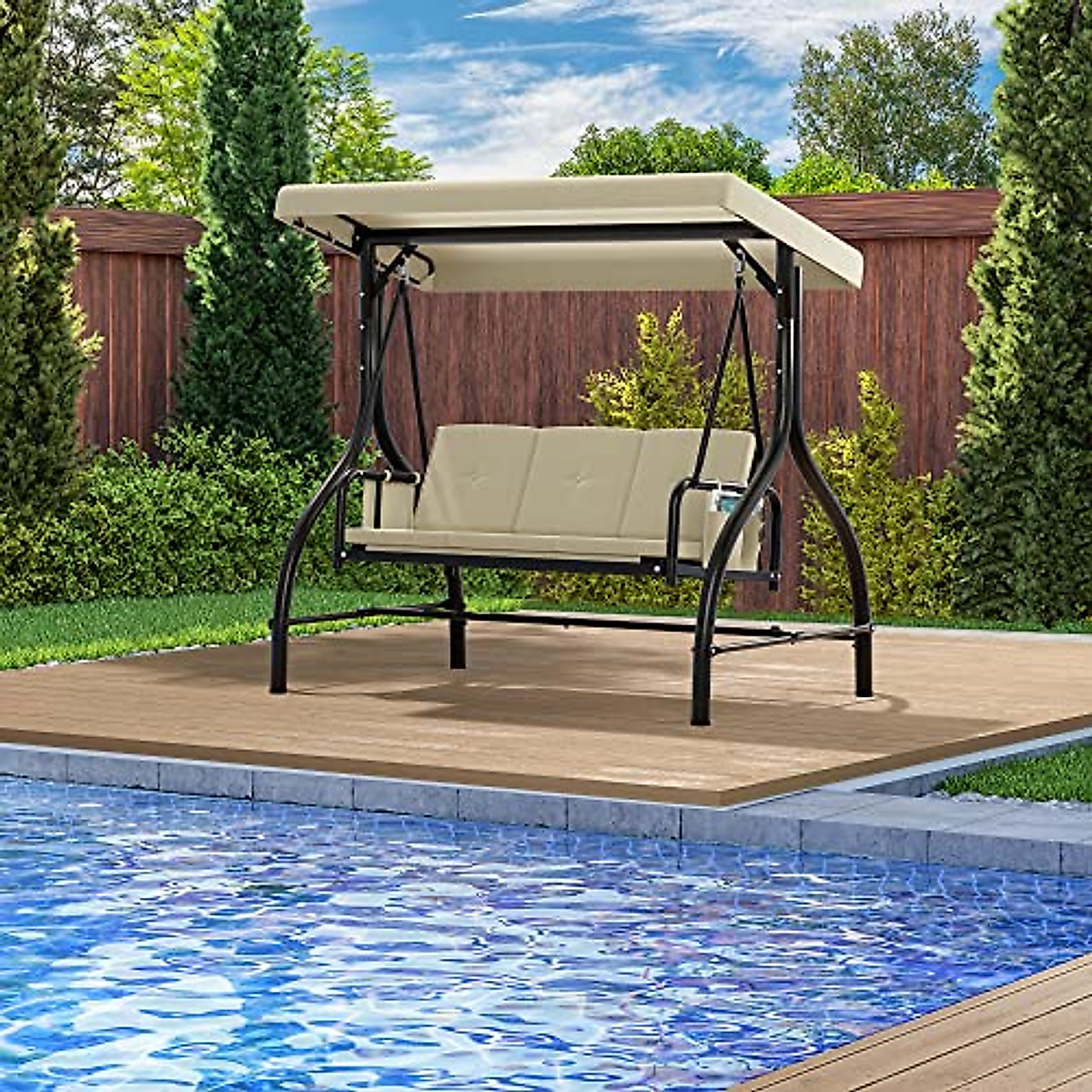 YITAHOME Porch Swing Bed 3-Seats Outdoor Patio Swing Heavy Duty Swing Chair with Adjustable Canopy Removable Cushion, Suitable for Adult in Garden, Poolside, Balcony, Beige