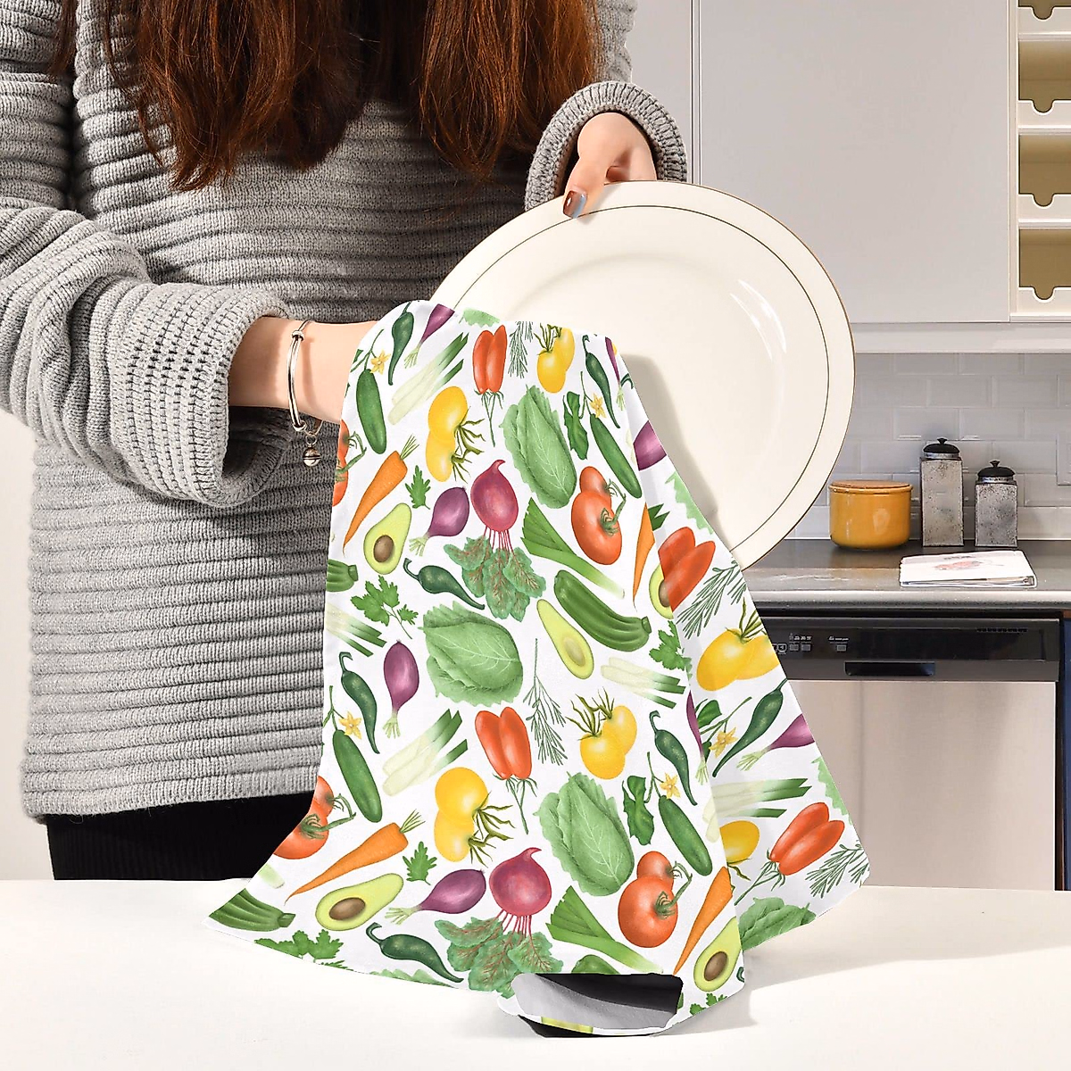 JSTEL Vegetable Kitchen Towels Set of 4,Quick Dry Dish Drying Towels Rectangle 18x28 inch Microfiber Kitchen Hand Towels Vegetable Pattern