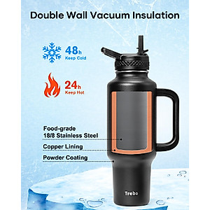 Trebo 40 oz Water Bottle Insulated Fit Car Cup Holder with Handle, Stainless Steel Water Bottles Tumbler with Spout Straw Lids, Double Wall Travel Reusable Flask, Leakproof Mug,Keep Cold &Hot,Black