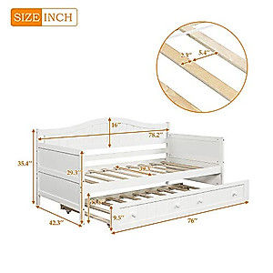 Lifeand Twin Wooden Daybed with Trundle Bed, Sofa Bed for Bedroom Living Room,White