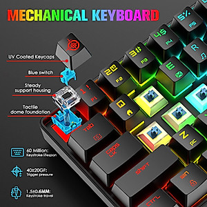 MAGIC-REFINER 60% Mini Mechanical Keyboard, MK14 Wired Gaming Keyboard with Chroma RGB Backlit,Clicky Blue Switch,NKRO 68Key No-Conflict,Ergonomic with Detachable USB-C Cable for Win/Mac/PC(Black)