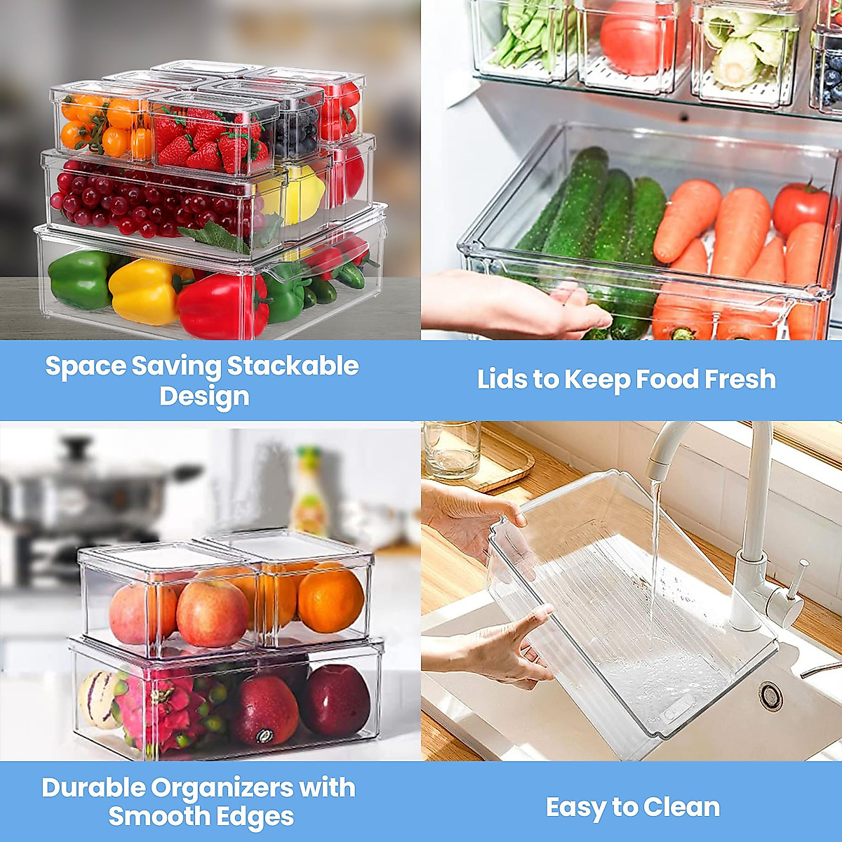 Clear Fridge Organizer Bins - 10 pcs Refrigerator Organizers and Storage Set for Fridge, Freezer, Kitchen, Stackable Pantry Organizer Bins - Includes Pack of 20 Food Bags - Ideal for Food & Drinks