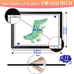 Magnetic Light Box for Tracing, A4 Light Pad for Drawing with 4 Magnets, 2 Scale (CM & INCH) Portable Ultra-Thin Sketch Pad, Dimmable Light Table for Diamond Painting, X-ray View (4 Magnets Included)