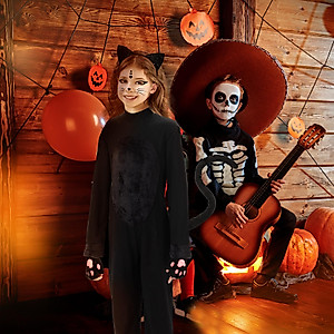 Ramede Halloween Cat Costume for 6-16 Years Girls Black Cat Costume with Gloves Headband Tail Stickers for Kids(Size 130)