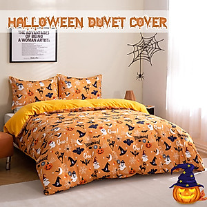 Luxudecor Halloween Duvet Cover Set King Size Pumpkin Bat Tombstone Witch Hat Cobweb Pattern Duvet Cover Orange Soft Microfiber Halloween Themes Bedding Set Kids Gift(3pcs, 104"x90")