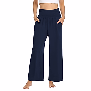 TARSE Womens Wide Leg Pants Plus Size High Waist Yoga Sweatpants Casual Loose Lounge Palazzo Pants Pockets(Navy,XL)