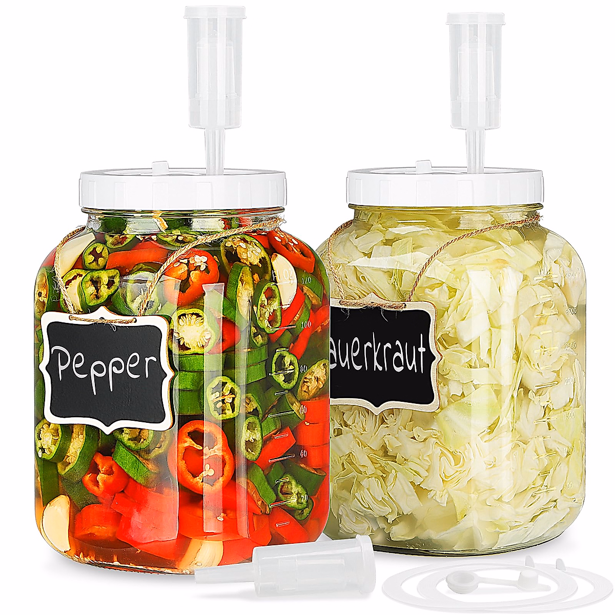 2 Pack 1 Gallon Large Fermentation Jars w 2 SCREW Lid and 3 Airlock - 100% Airtight Lid, Wide Mouth Glass Jar, Pickle Jar w Scale Mark for Sourdough Starter