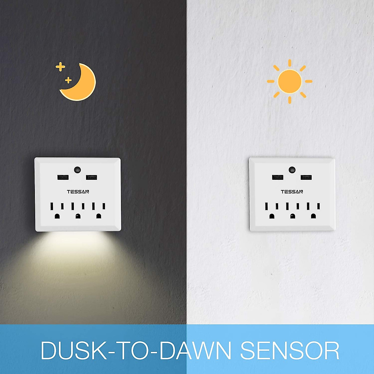 Multi Plug Outlet Extender with USB Wall Charger and Night Light, 3 Electrical Outlet Splitter 2 USB Phone Charger Wall Plug for Cruise Essentials, Multiple Power Outlet Expander with Charging Station