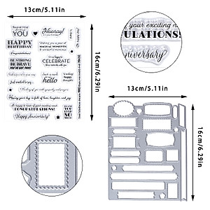 Sucrain 2pcs Metal Dies Cut and Clear Silicone Stamp, for Card Making Paper Craft Scrapbooking Album DIY, Sentiment Words Stencils Carbon Steel Embossing Template