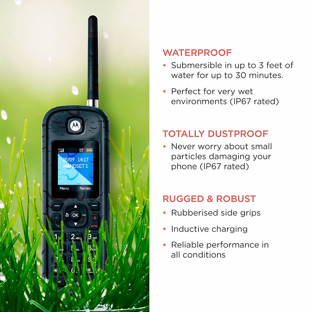 Motorola O214 DECT 6.0 Long Range Cordless Phone - Wireless Phones for Home & Office Phone with Answering Machine - Indoors and Outdoors, Water & Dust Resistant, IP67 Certified - Black, 4 Handsets