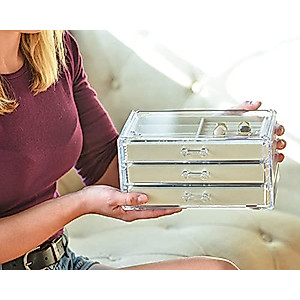 Acrylic Jewelry Organizer Box by Tranquil Abode | Clear Jewelry Box Organizer | 3 Tall Drawers, Velvet Trays | Stackable Display Case Jewelry Storage for Women | Jewelry Organizer Earring Ring Necklace