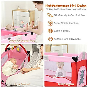 BABY JOY 4 in 1 Pack and Play, Portable Baby Playard with Bassinet, Changing Table w/Safety Belt, Zippered Door, Hanging Toys, Baby Pink Bassinet & Cribs Activity Center from Newborn to Toddler (Pink)
