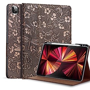 Gexmil Leather Case for iPad Pro 12.9 Inch 6th/5th/4th/3rd Generation 2022/2021/2020/2018 Genuine Leather Folio Cover Shockproof with Pencil Holder,Auto Sleep/Wake,Anti-Slip,Butterfly Pattern
