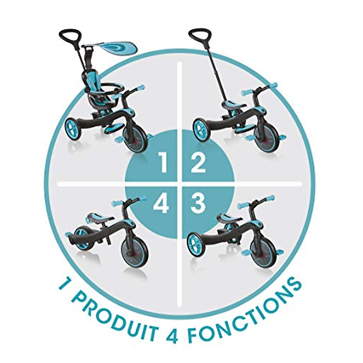 Globber 4-in-1 Toddler Trike Push Bike Stroller – Learning Tricycle for Toddlers Converts Into Balance Bike – Safe Outdoor Ride On Toys for Kids (Teal)