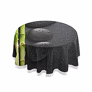 Black Zen Basalt Stones with Dew Green Bamboo on Dark Round Table Cloth, Circle Table Linen White Lace Dinner Tablecloth Mat, Desk Cloth Cover for Home Party Wedding 60 Inches