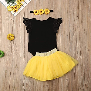 MA&BABY Newborn Girls 1st Birthday Outfit Ruffled Floral One Romper Yellow Tutu Skirt Dress First Birthday Girl Outfit (Black+Yellow, 12-18Months)