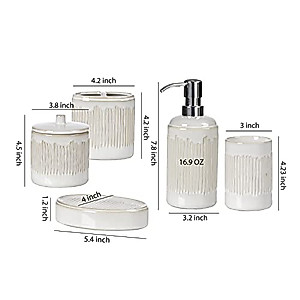 Motifeur Bathroom Accessories Set, 5-Piece Ceramic Bath Accessory Complete Set with Lotion Dispenser/Soap Pump, Cotton Jar, Soap Dish, Tumbler and Toothbrush Holder (Ivory White)