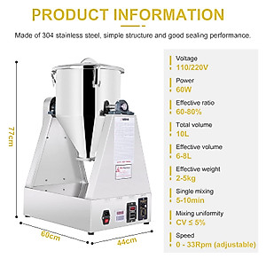 YUCHENGTECH 10L Lab Dry P-o-w-d-e-r Mixer Mixing Machine Particle Blender P-o-w-d-e-r Mixer Granual Blender for Food Chemical Medical 0-33 rpm (110V, 10L(2-5kg))