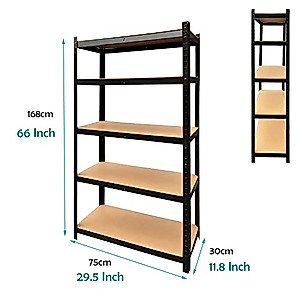 66" Storage Shelves, Heavy Duty Steel Frame 5-Tier Garage Shelving Unit, Metal Multi-Use Storage Rack for Home/Office/Dormitory/Garage, Adjustable Height Bolt-Free Easy Installation, Black