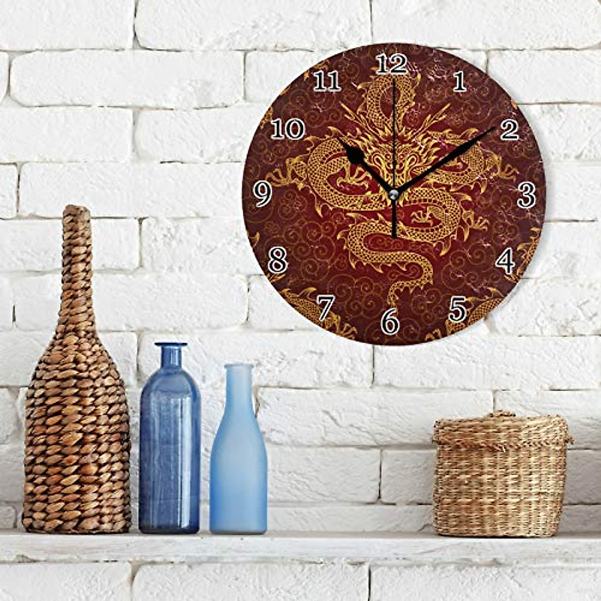Wall Clock Asian Japanese Dragon Animal, Quiet Silent Non Ticking Round Clock for Kitchen Bedroom Living Room Office Classroom Home Decor