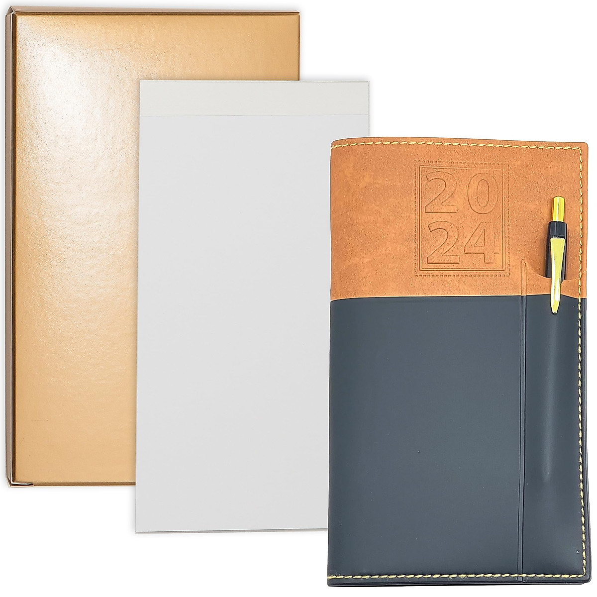 2024 Weekly Pocket Calendar Organizer With Black & Gold Pen Attached | White Notepad For Notetaking - All in a Gold Gift Box | Small Size Soft Leather Cover 6" X 3.5" Black & Brown/Tan Planner (2024)